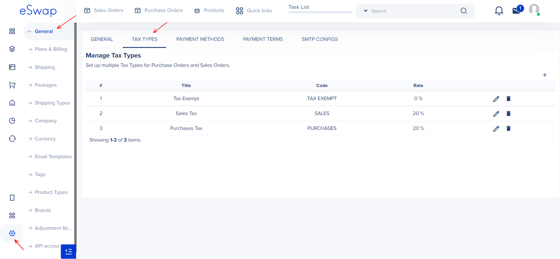 Setting tax types - eSwap